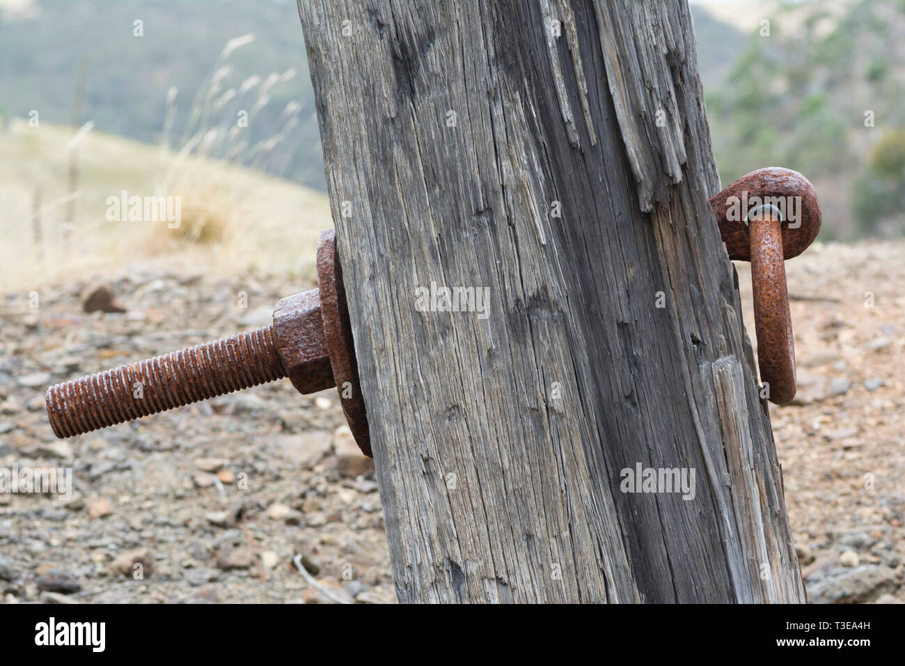 Rusting metal ring attached to an old sleeper with a thick metal pin ...