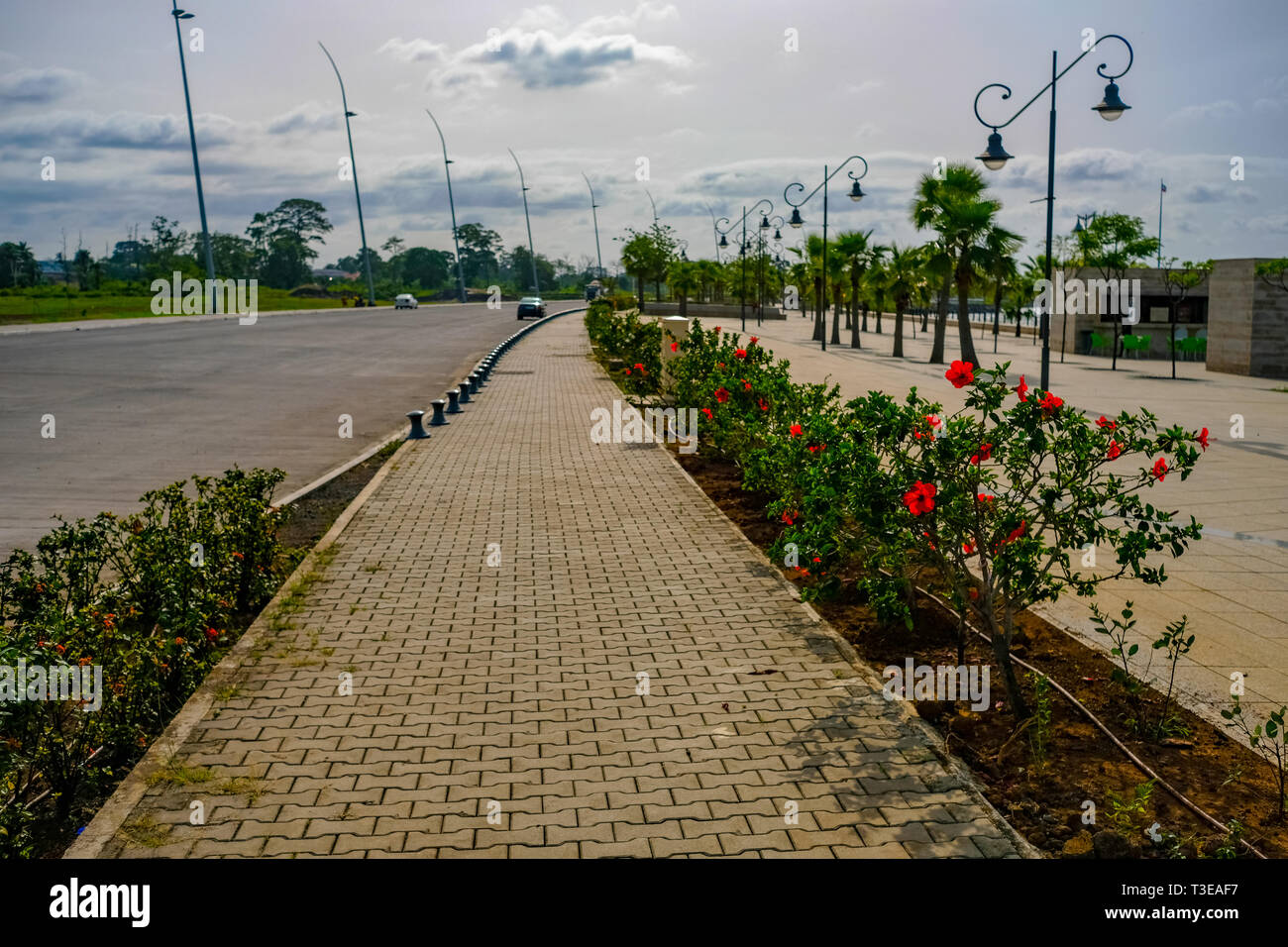 Flowers line a wide boulevard and motorway along the seashore in Malabo ...