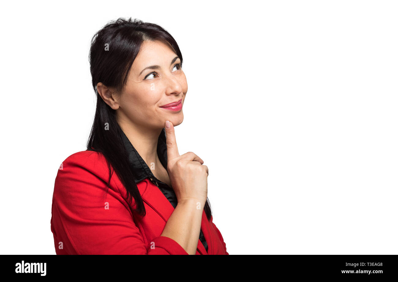 Beautiful thoughtful woman looking up - isolated over white Stock Photo ...