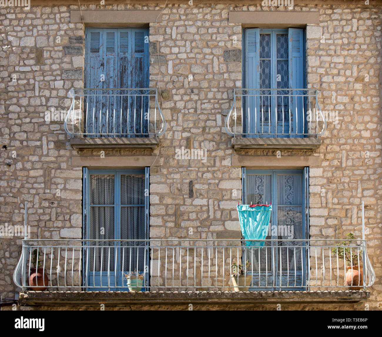Old stone house with wooden blue windows, Provence, France Stock Photo ...