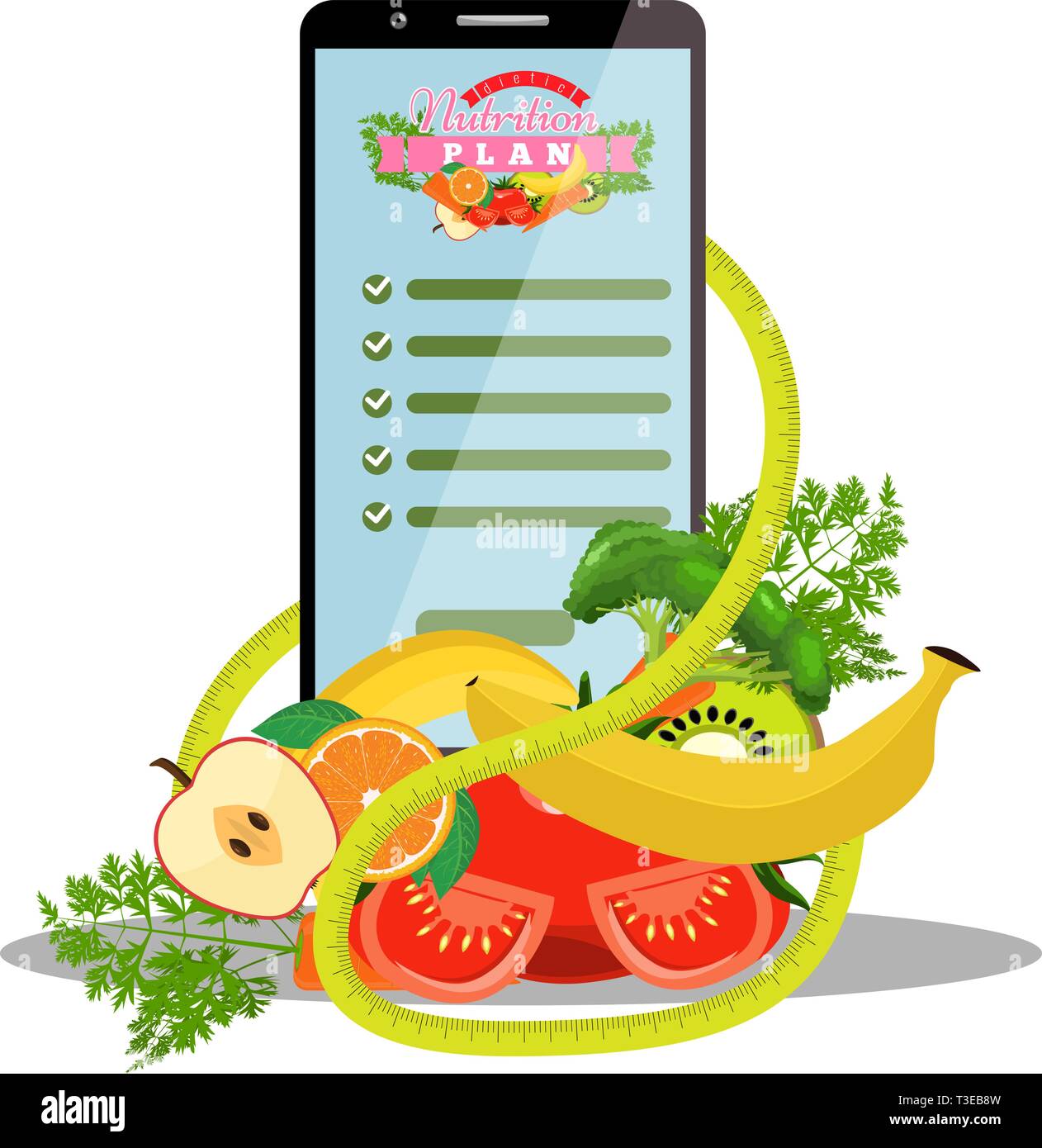 Smartphone with app of diet plan on screen and dietic fruits ...