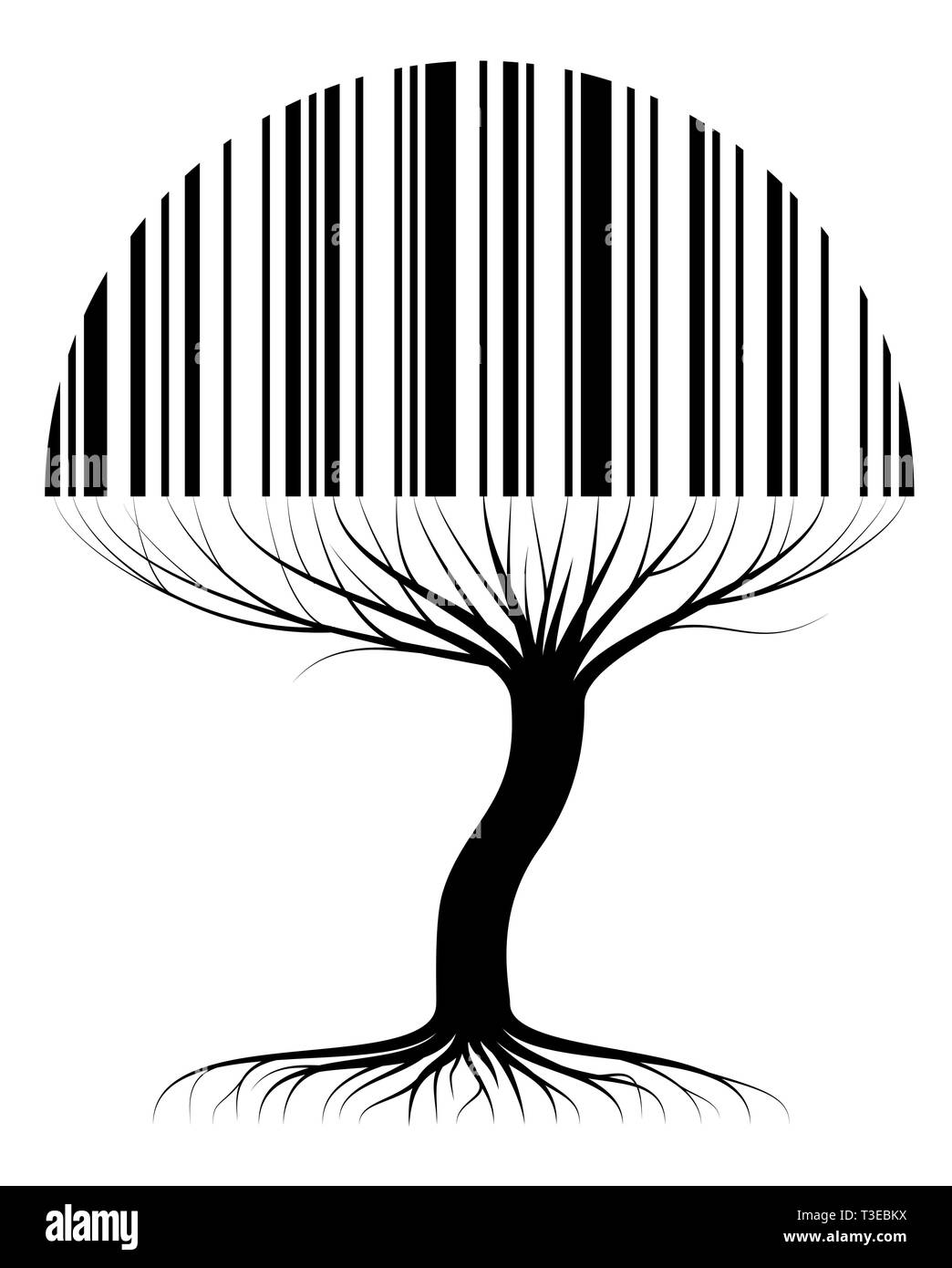 Abstract tree contour with roots and branches similar to a barcode. For ...