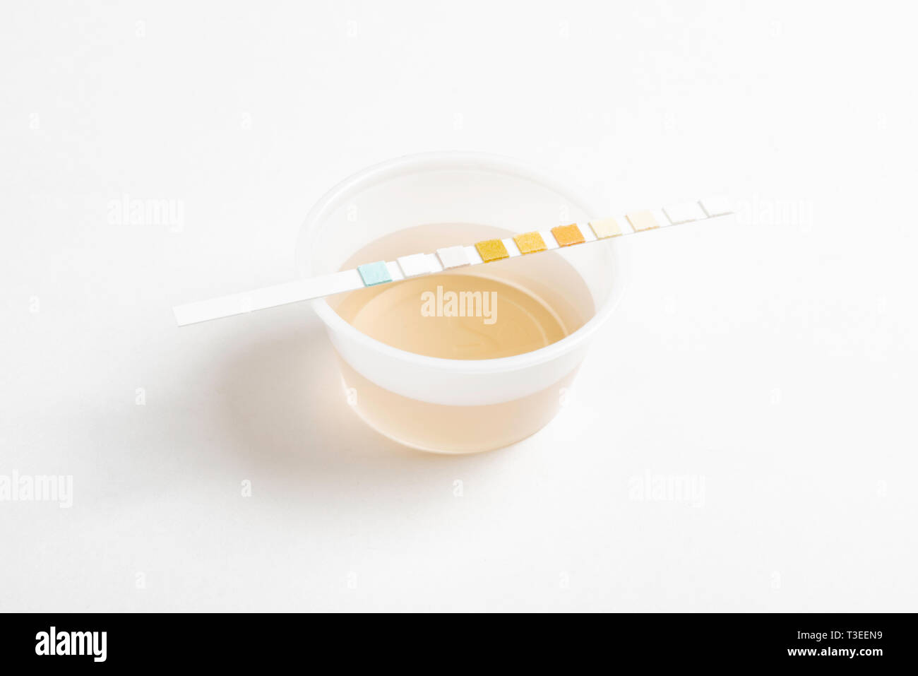 A combination of urine sample on a small round plastic container and a ...