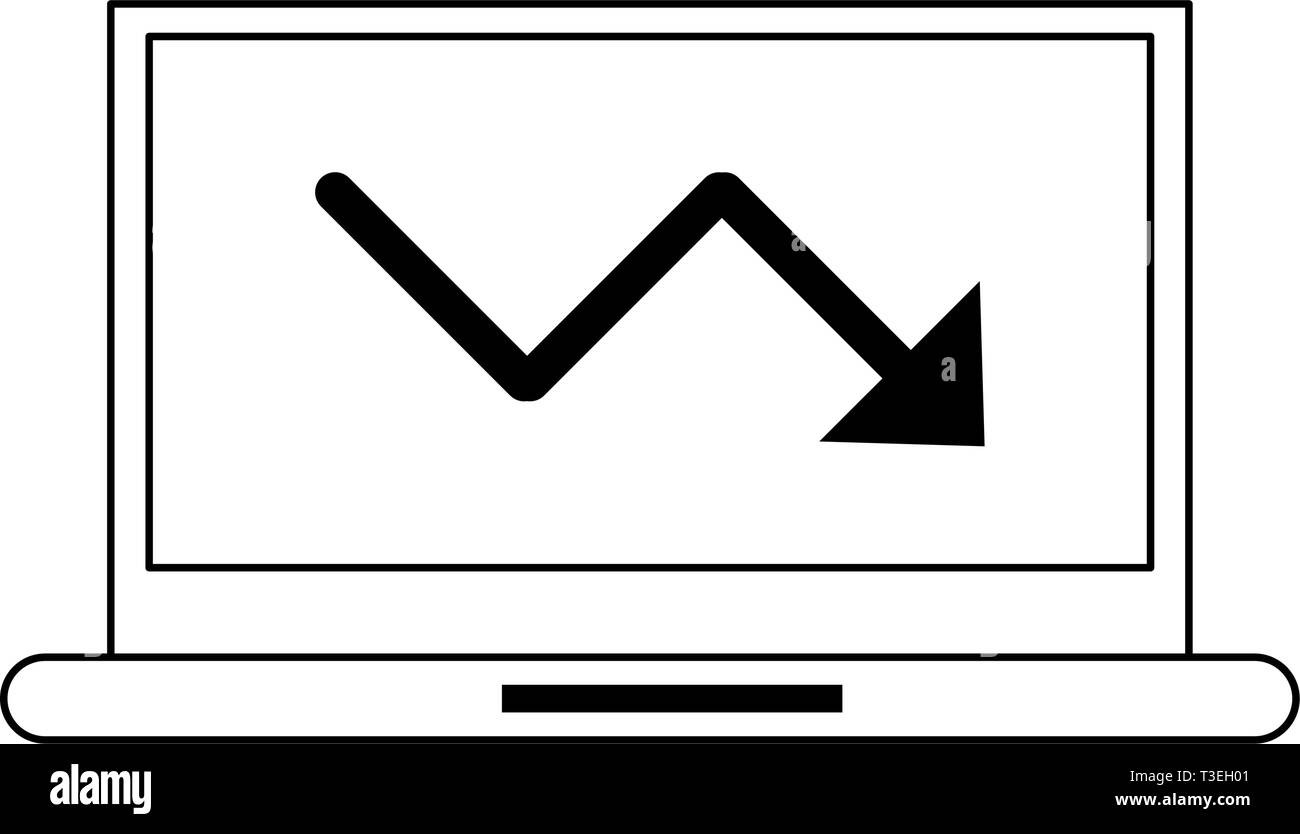 Laptop with decrease statistics arrow symbol in black and white Stock ...