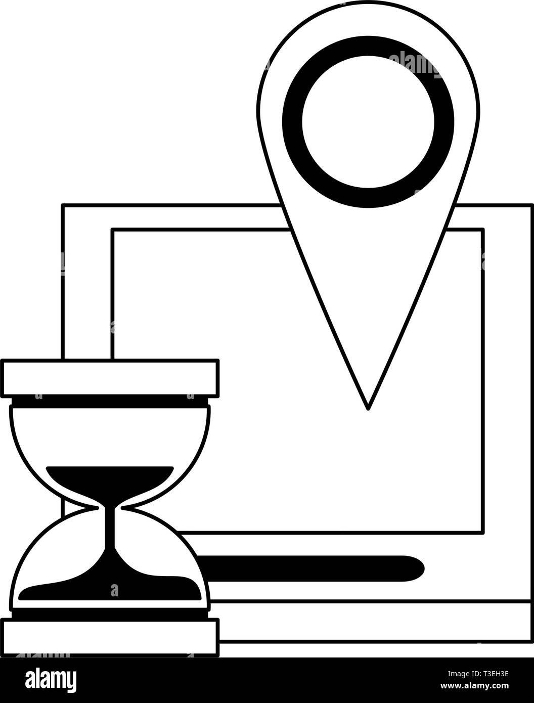 Tablet with gps tracking and hourglass symbol in black and white Stock ...