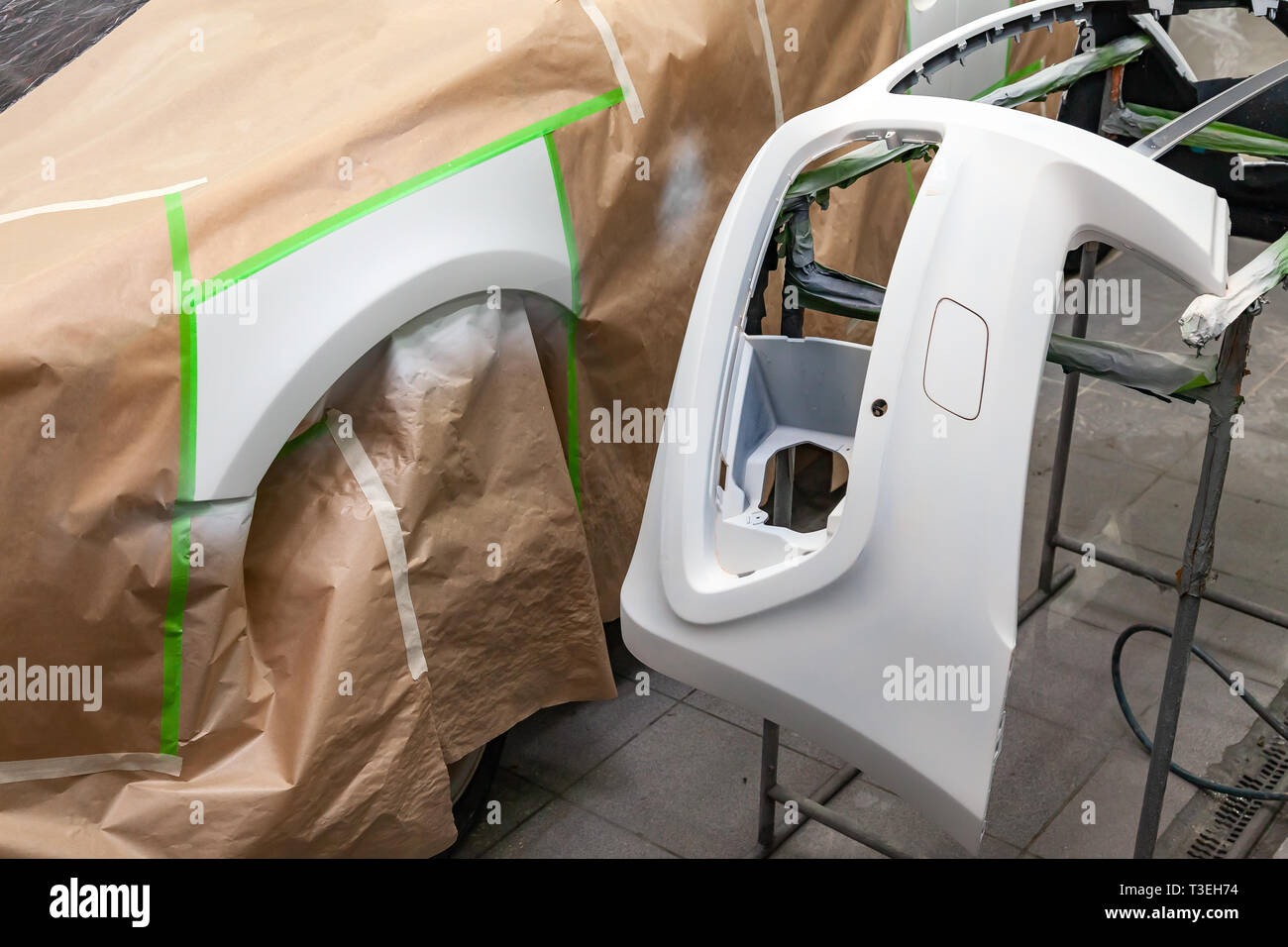 Parts of the car bumper and fender after the accident in the camera for ...