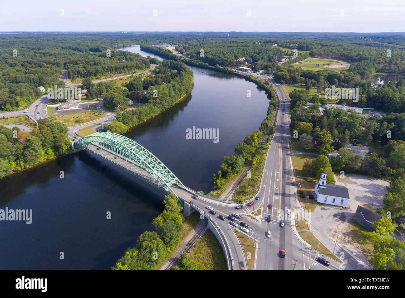 Aerial view of Merrimack River and Tyngsboro Bridge in downtown ...