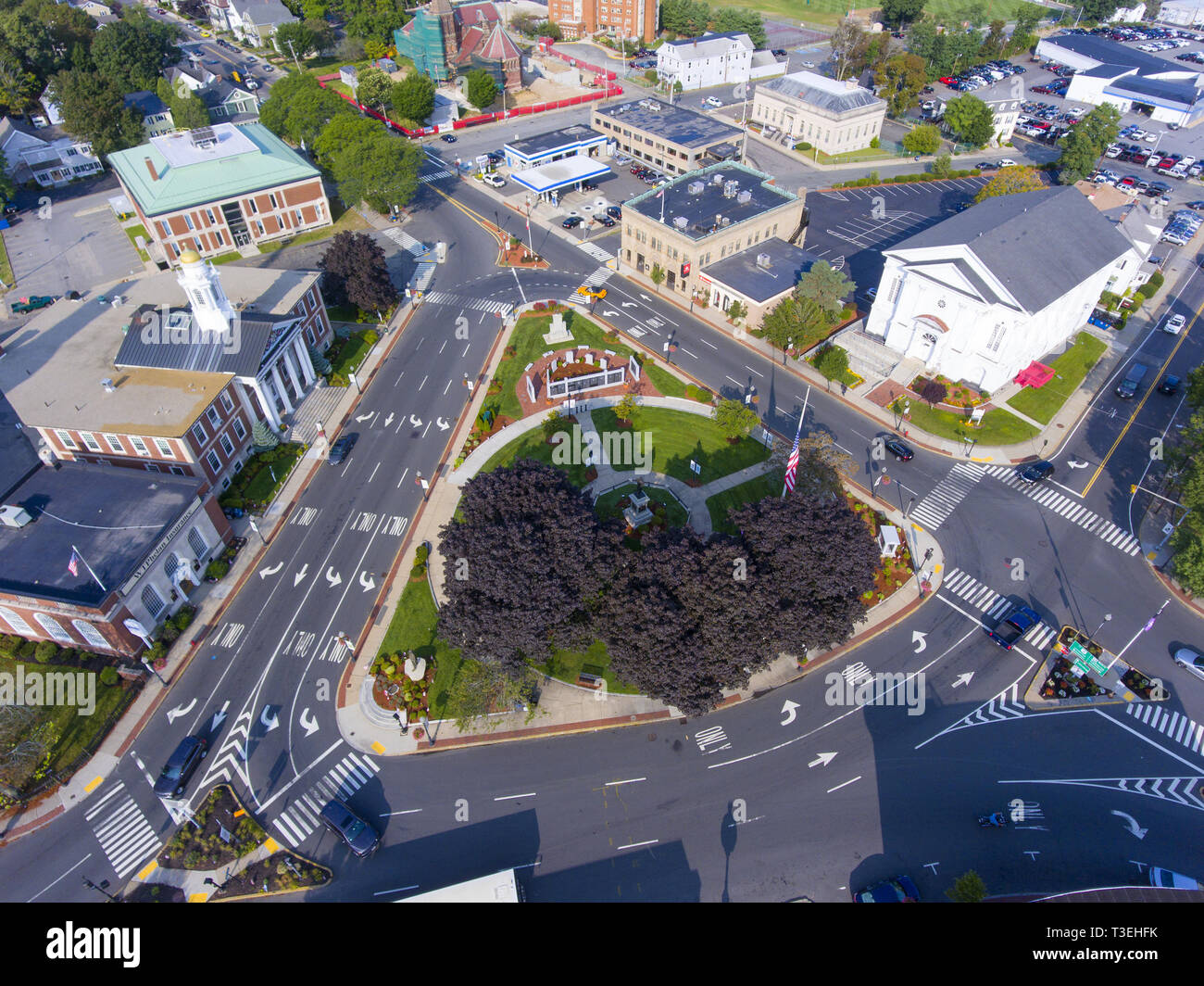 Woburn Common and City Hall aerial view in downtown Woburn ...