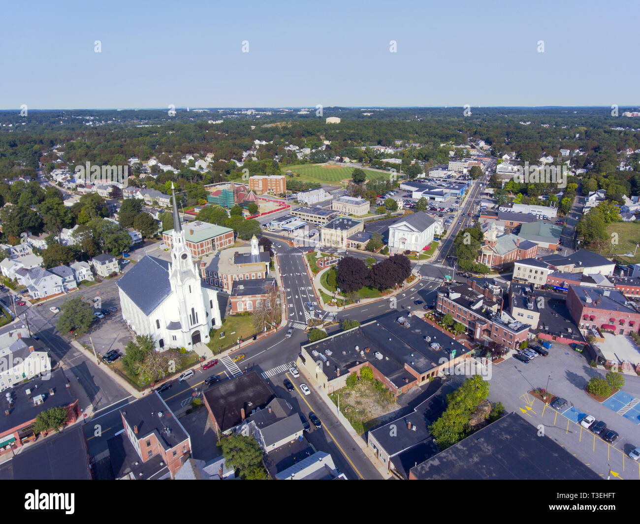 Woburn First Congregational Church aerial view in downtown Woburn ...