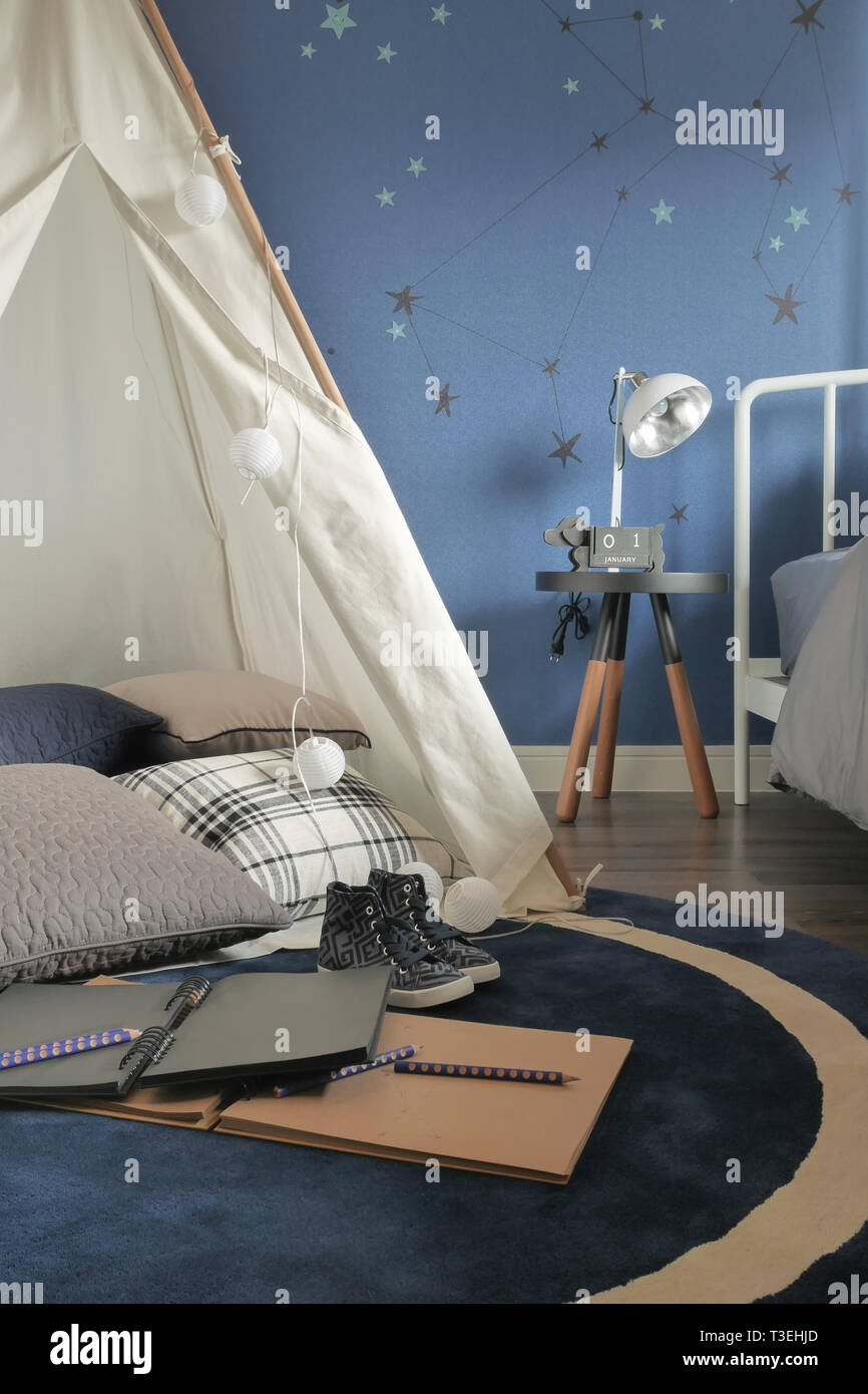 Homework area in adventure style in the deep blue color interior design ...