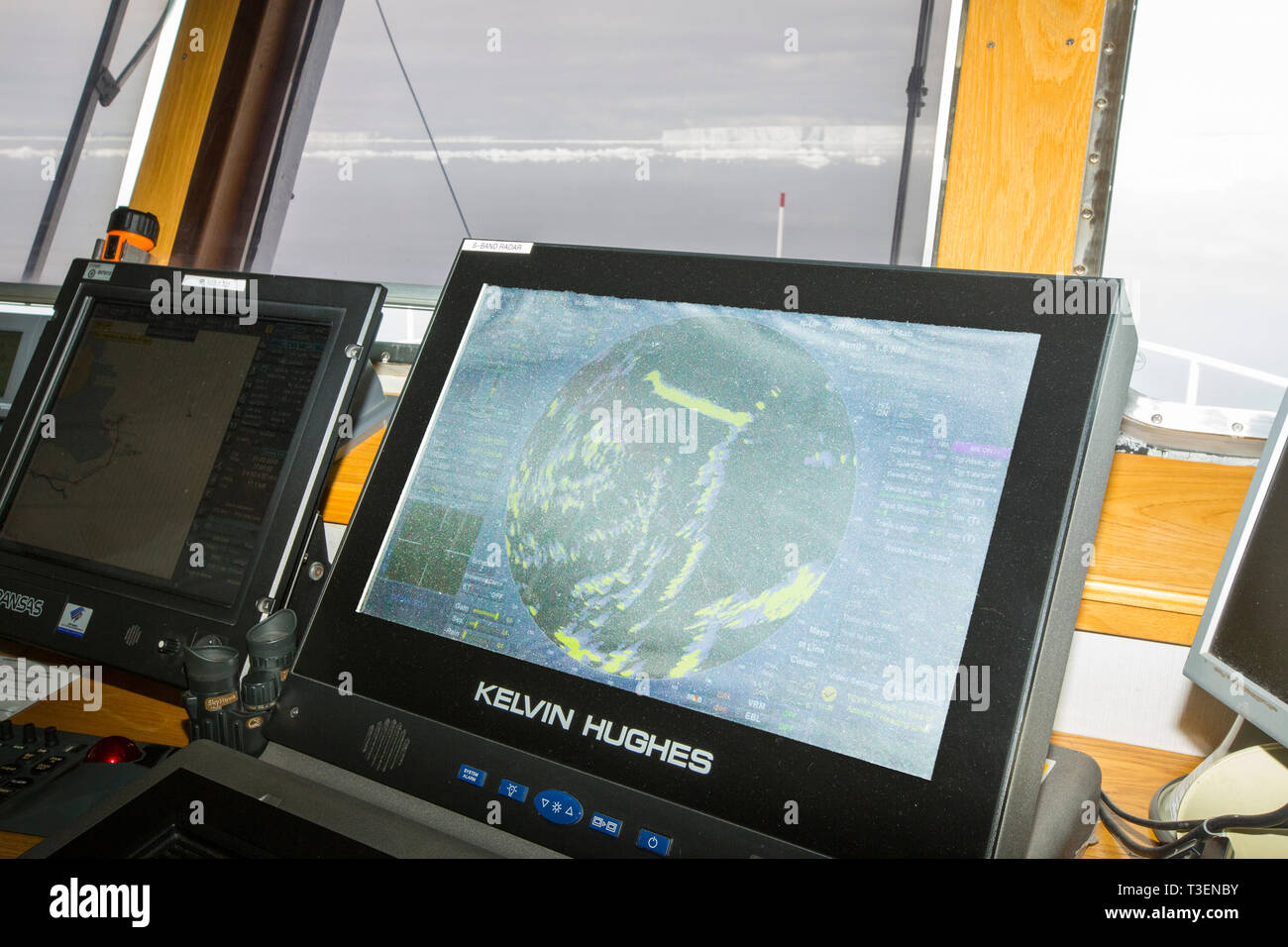 A radar on an Antarctic cruise ship showing sea ice and icebergs in the ...