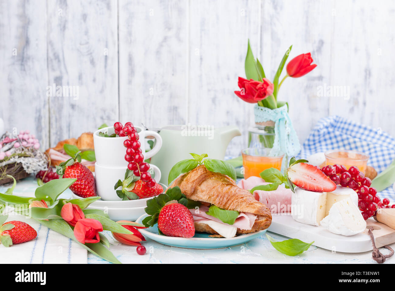 Breakfast or a dinner table with various delicacies for Easter meals ...