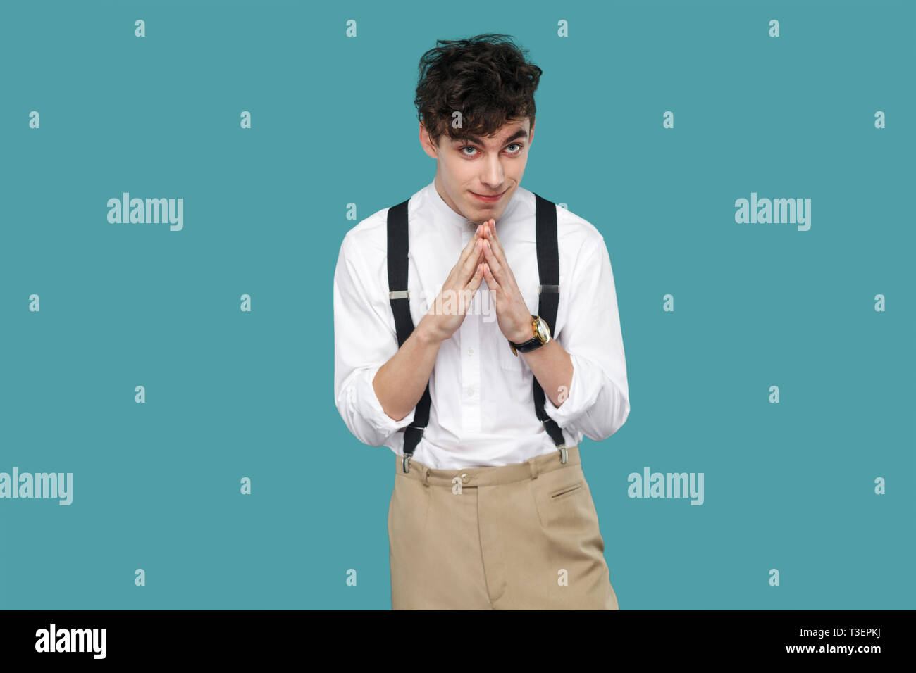 cunning funny man with plan looking at camera. Portrait of handsome ...