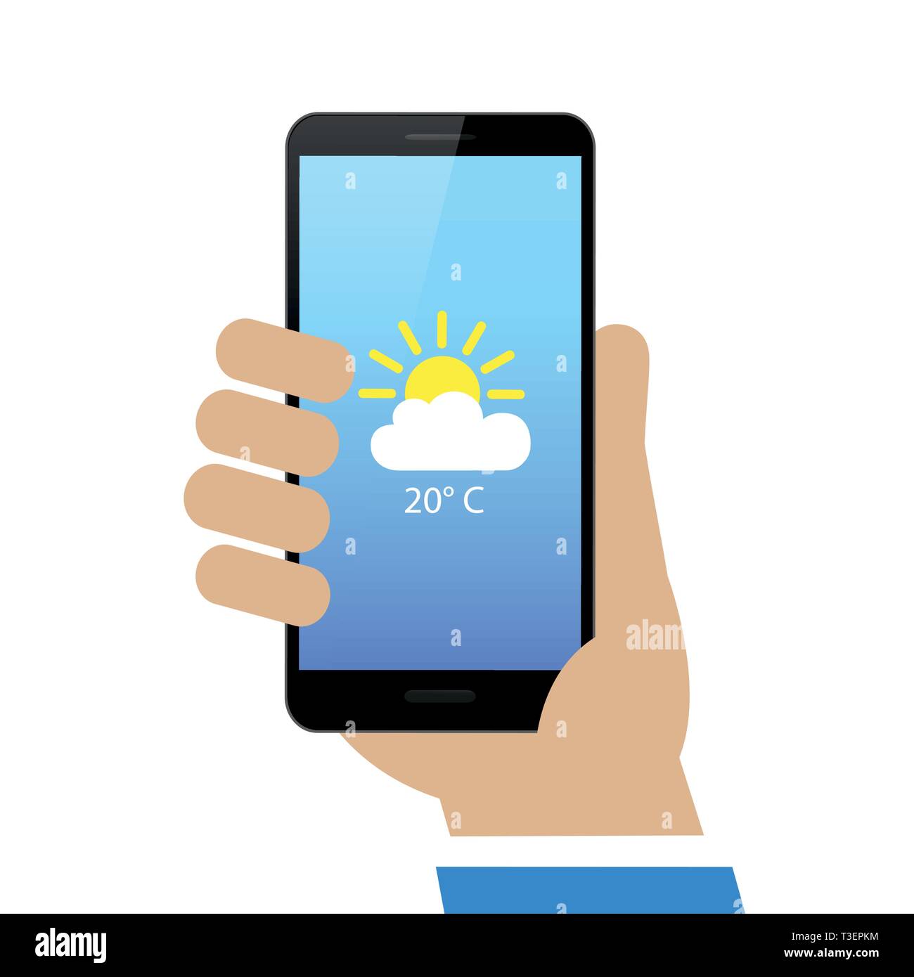 hand holds smartphone with weather report on display isolated on white ...