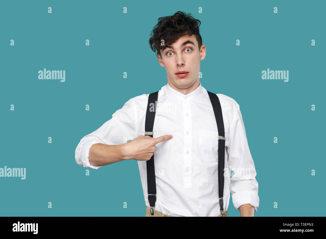 Shocked man pointing himself and looking at camera. Portrait of ...