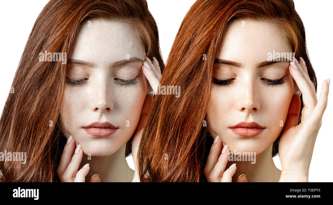 Comparison portrait of young woman before and after makeup Stock Photo ...
