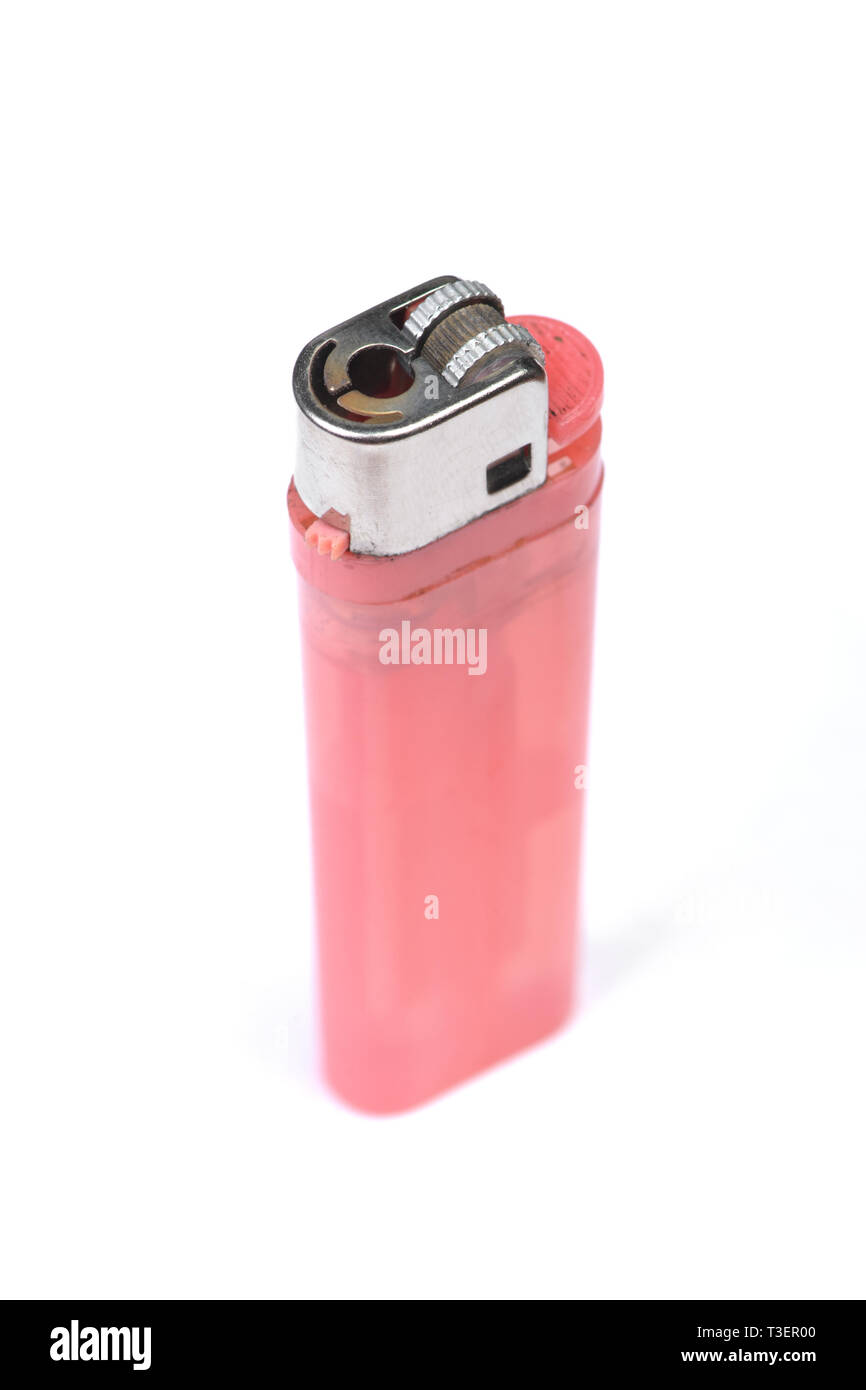 Cheap pink plastic gas disposable lighter isolated on white background ...