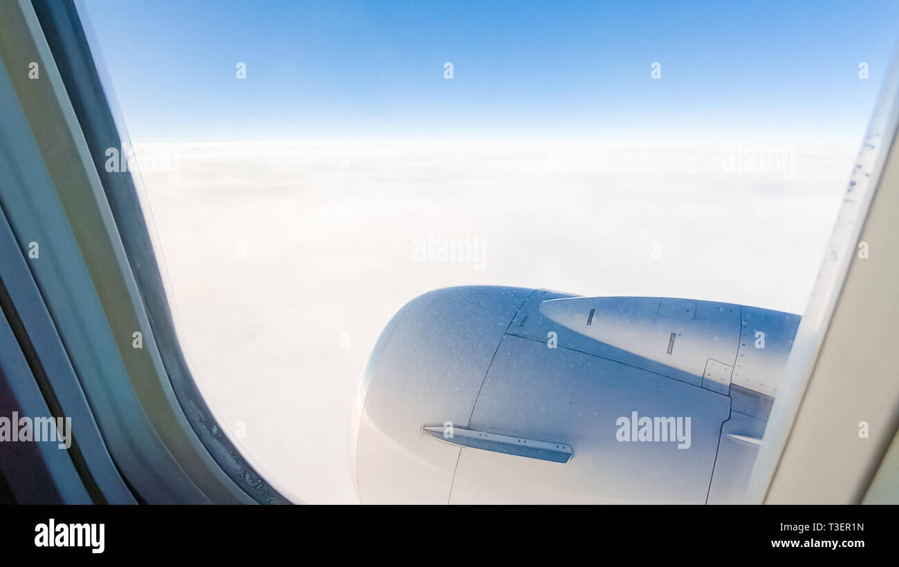 View from the window seat of commercial passenger airplane Stock Photo ...