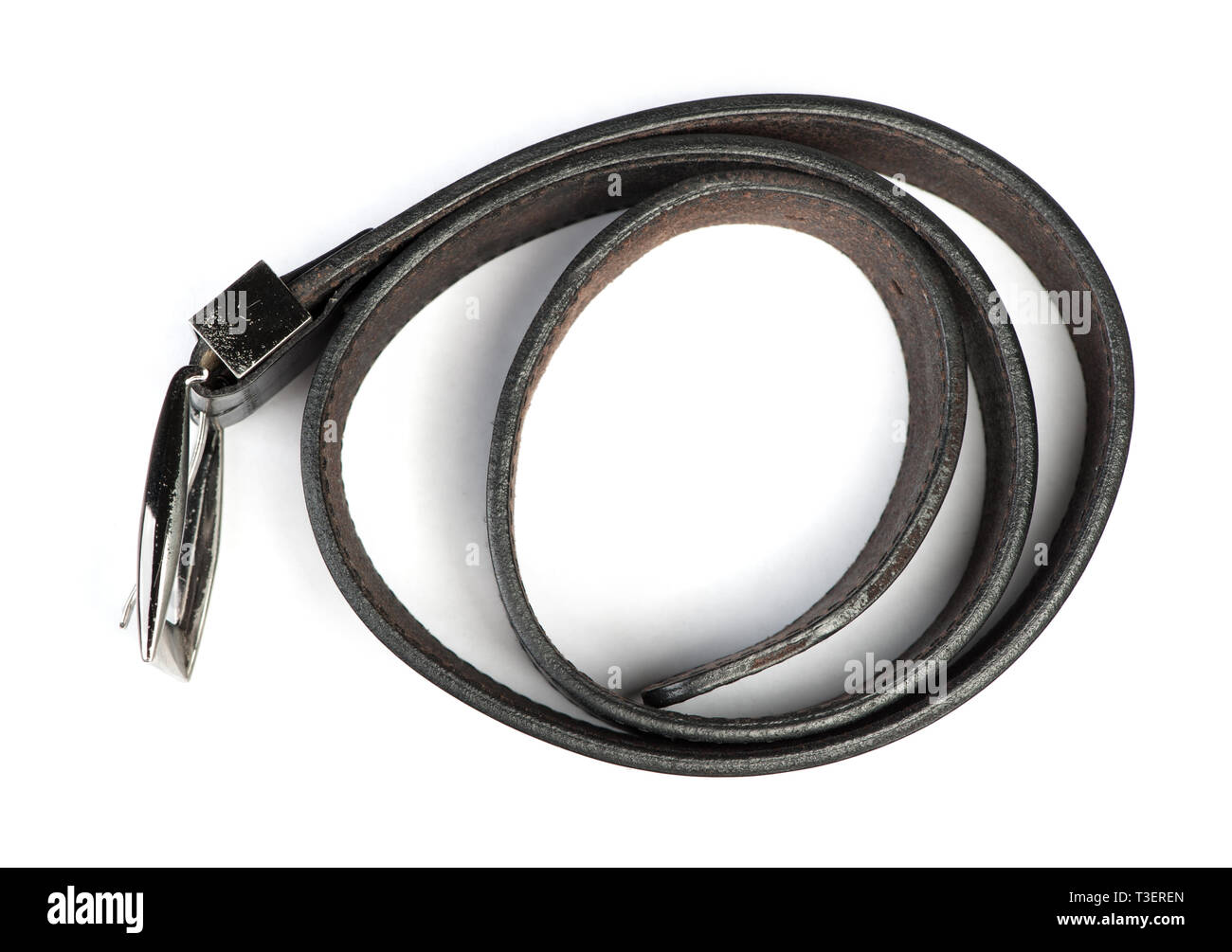 Old black leather belt with small scratches isolated on white Stock ...