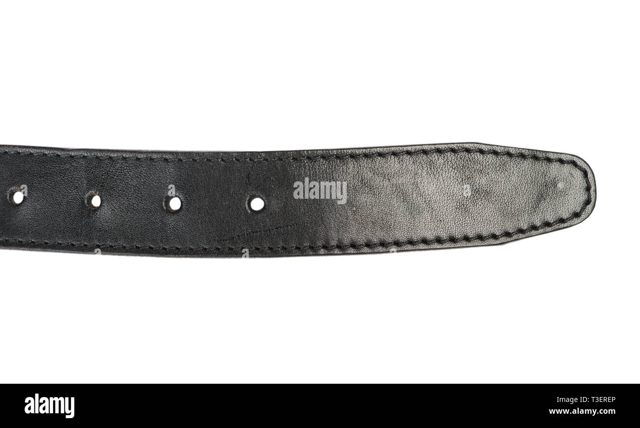 Old black leather belt with small scratches isolated on white Stock ...