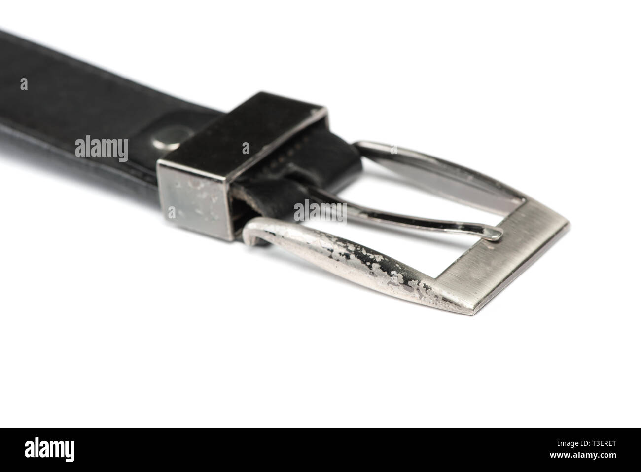 Old black leather belt with small scratches isolated on white Stock ...