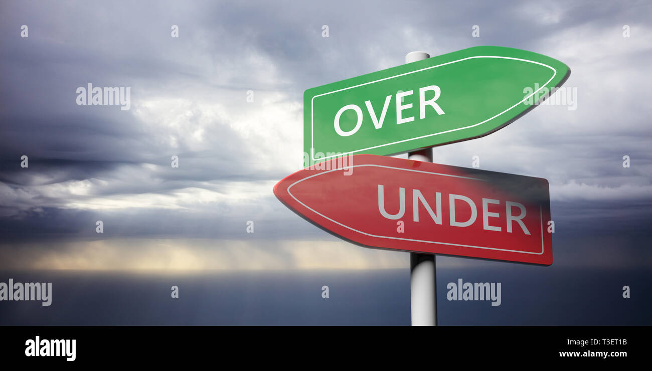 Betting over and under concept. Signpost with opposite directions ...