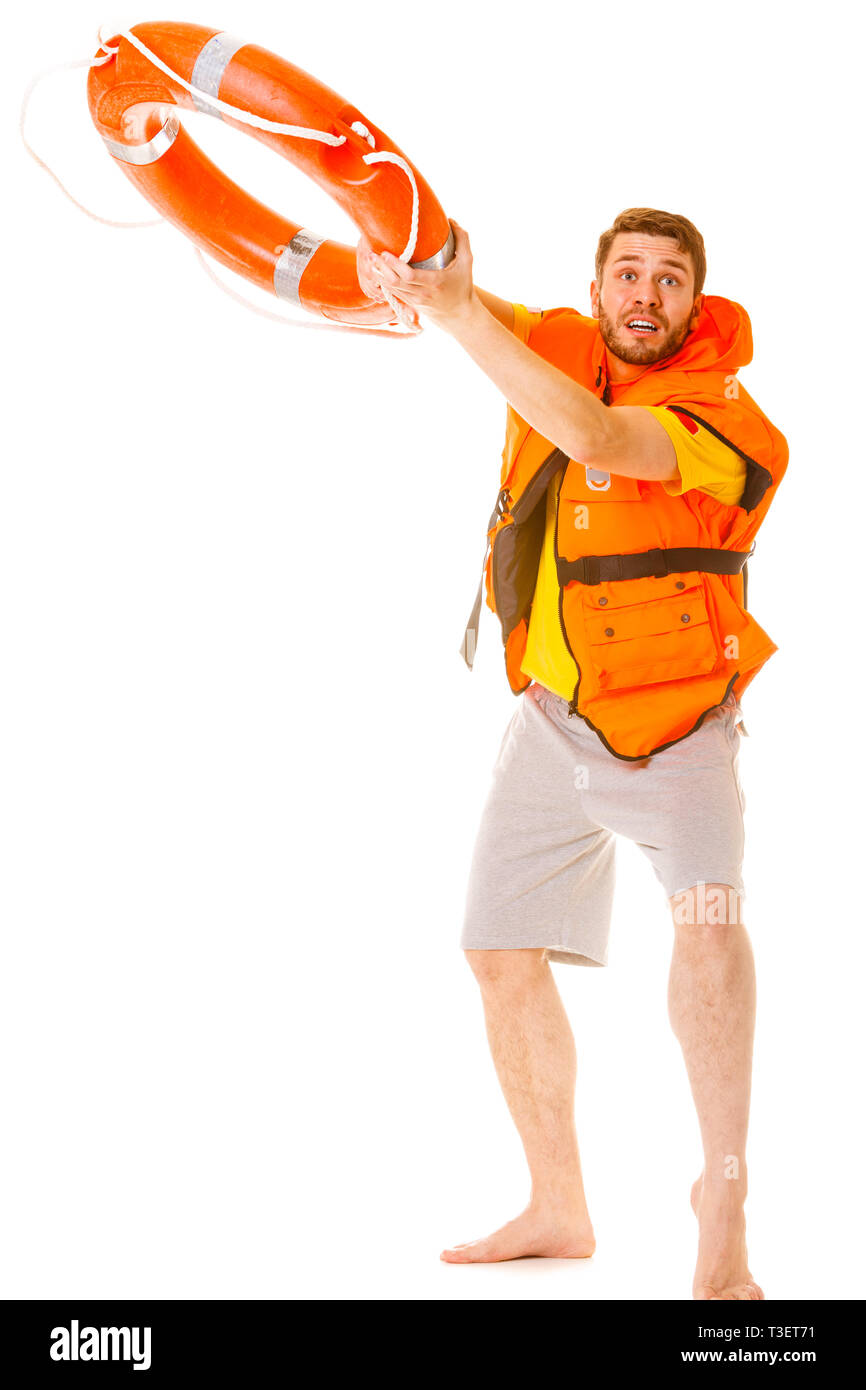 Lifeguard in life vest jacket with ring buoy lifebuoy. Man supervising ...