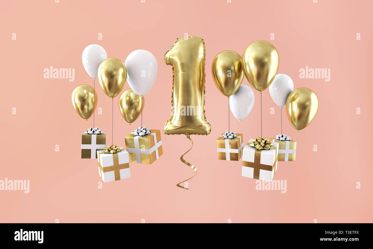 Number 1 birthday celebration gold balloon with presents. 3D Render ...