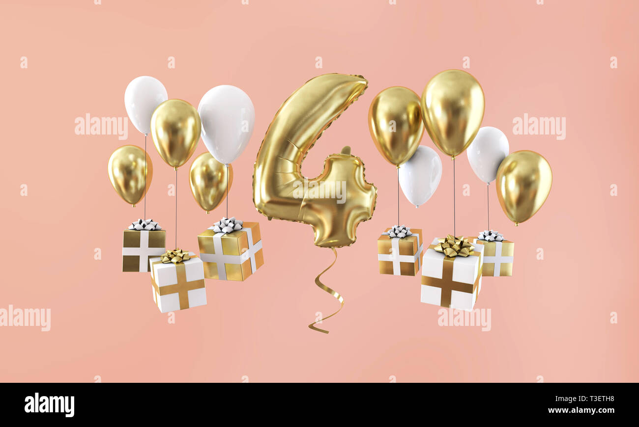 Number 4 birthday celebration gold balloon with presents. 3D Render ...