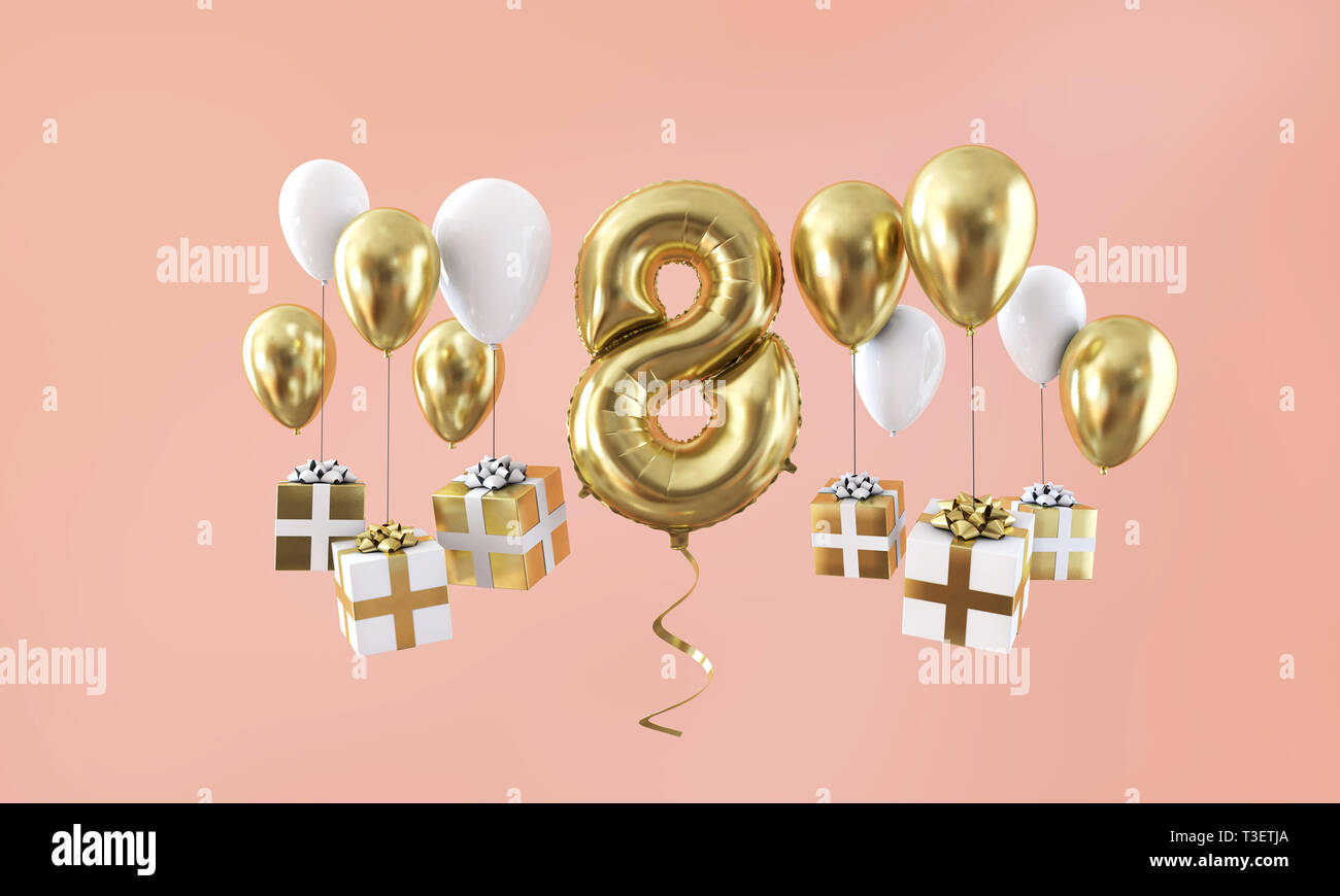 Number 8 birthday celebration gold balloon with presents. 3D Render ...