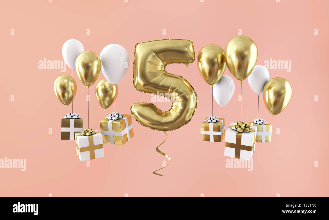 Number 5 birthday celebration gold balloon with presents. 3D Render ...