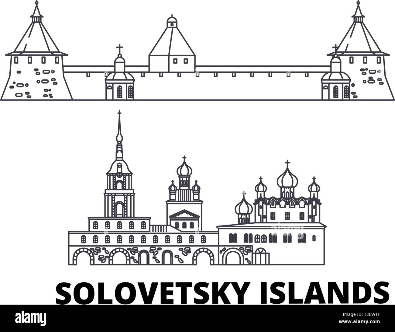 Russia, Solovetsky Islands line travel skyline set. Russia, Solovetsky ...