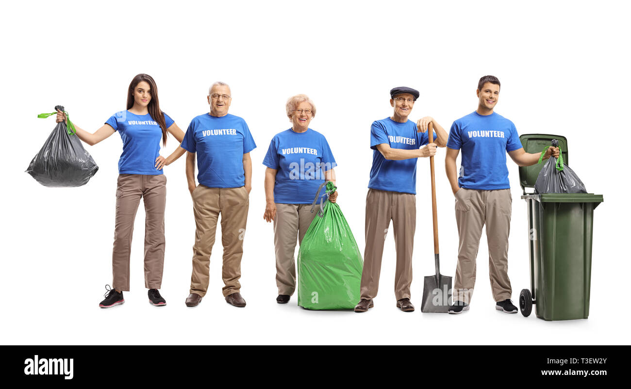Full length portrait of a group of volunteers cleaning waste isolated ...