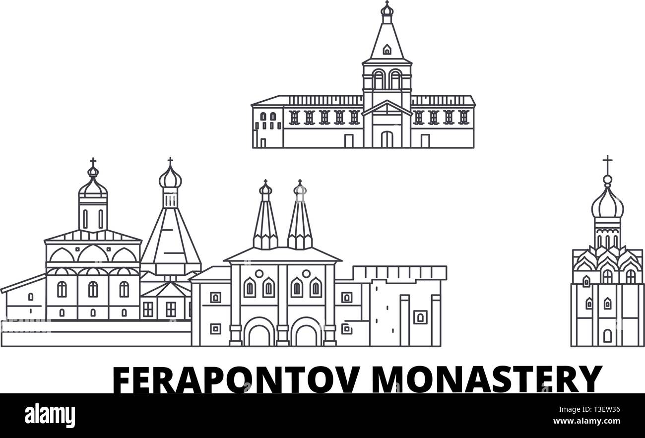 Russia, Vologda, Ferapontov Monastery line travel skyline set. Russia ...