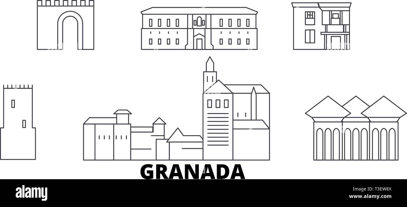 Spain, Granada line travel skyline set. Spain, Granada outline city ...