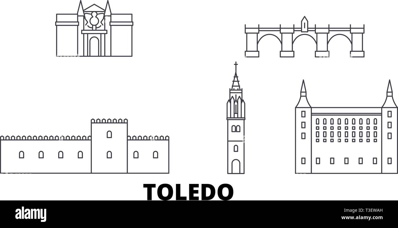 Spain, Toledo line travel skyline set. Spain, Toledo outline city ...