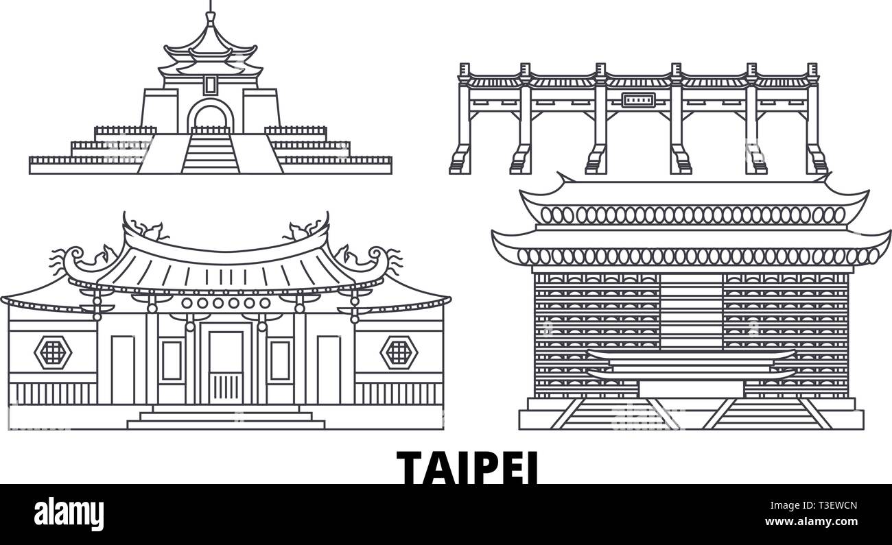Taiwan, Taipei line travel skyline set. Taiwan, Taipei outline city ...