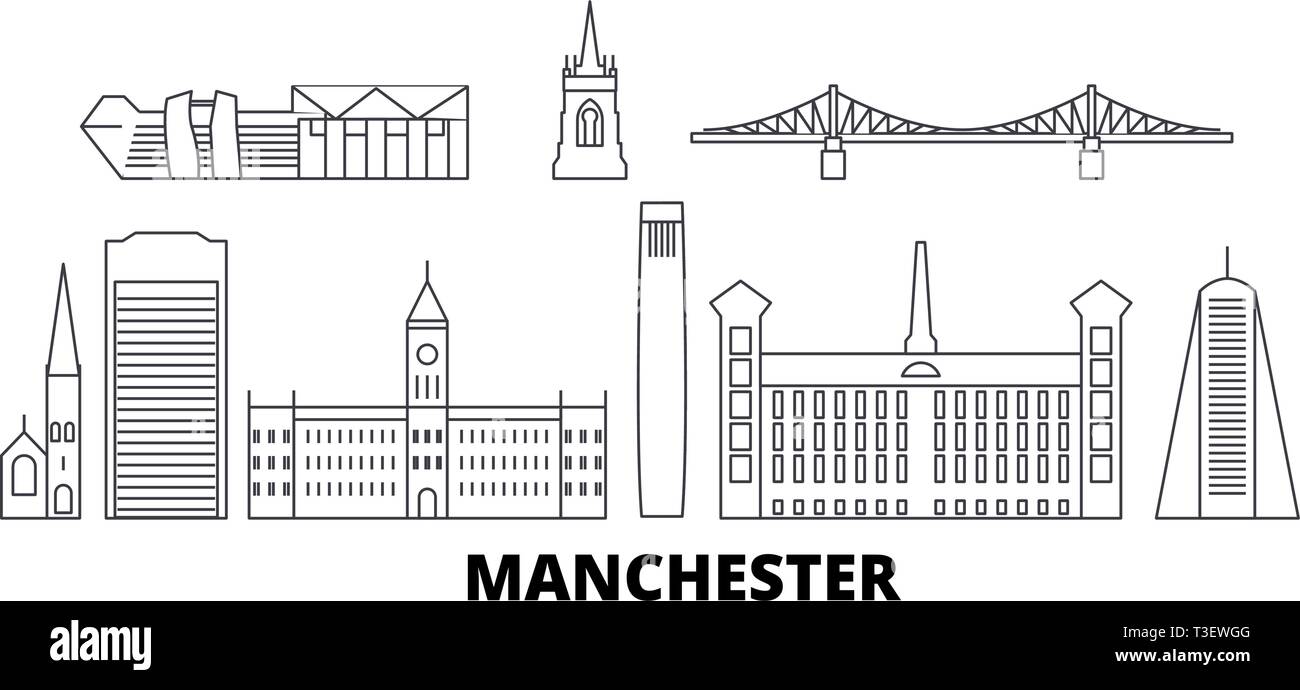 United Kingdom, Manchester line travel skyline set. United Kingdom ...