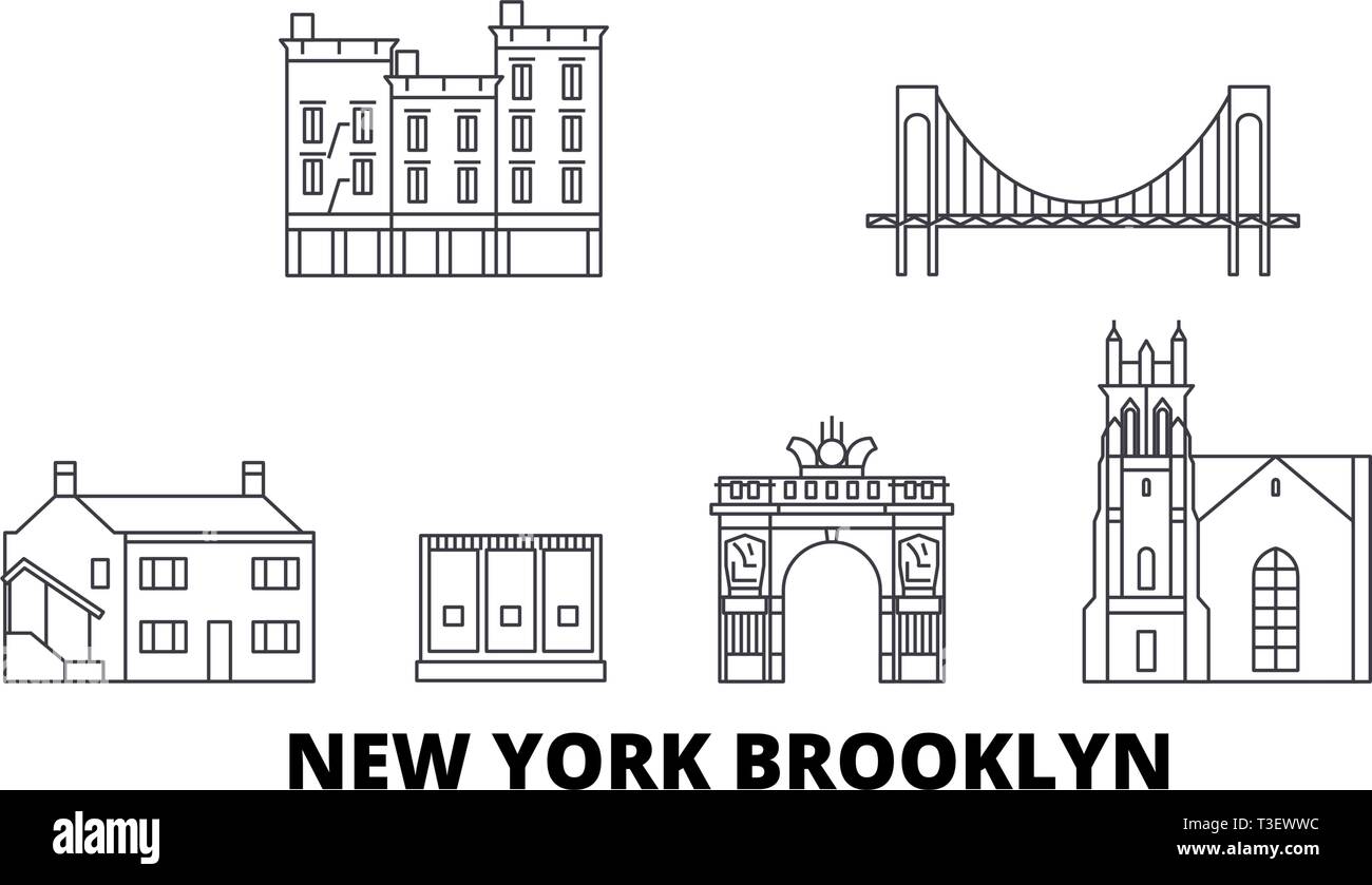 United States, New York Brooklyn line travel skyline set. United States ...