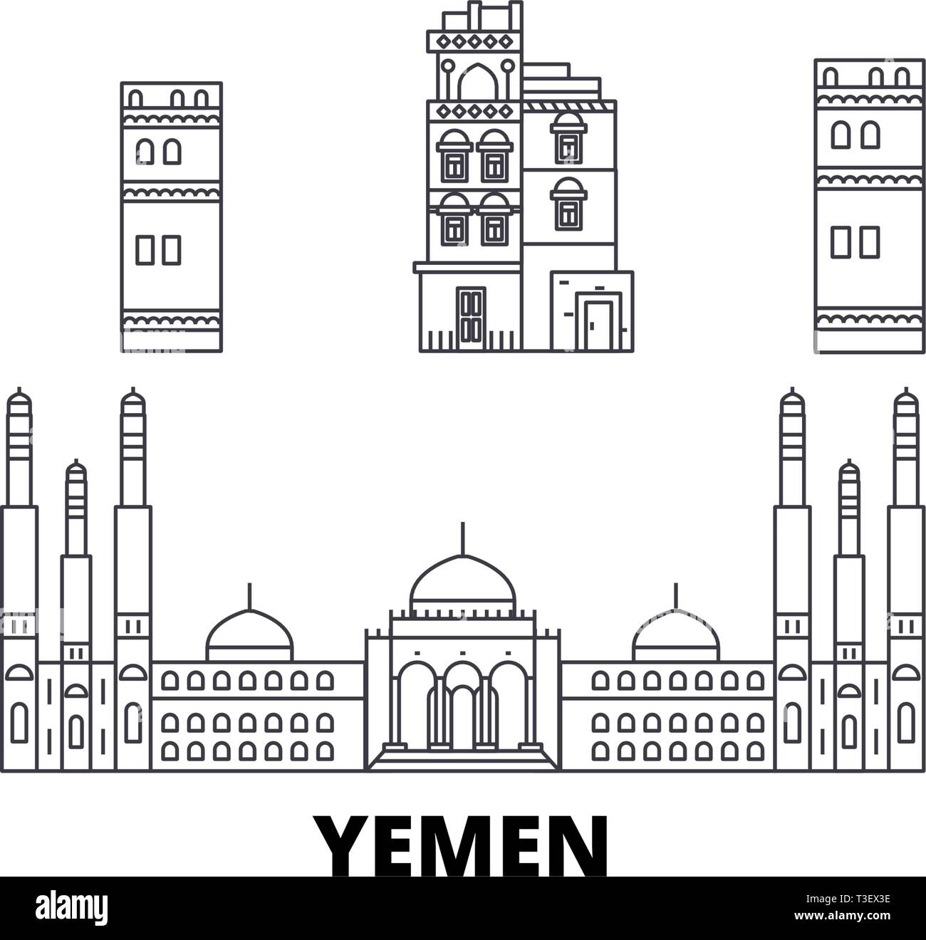 Yemen, Sanaa line travel skyline set. Yemen, Sanaa outline city vector ...