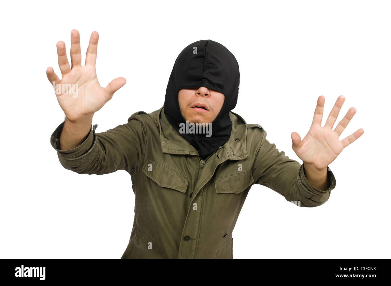 Criminal wearing mask isolated on white Stock Photo - Alamy