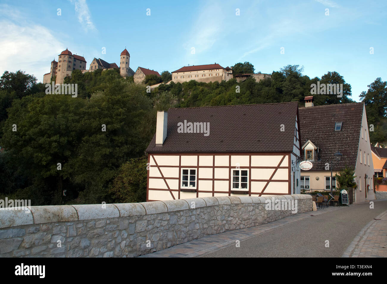 Harburg Germany, view of street from bridge with castle on the hill ...