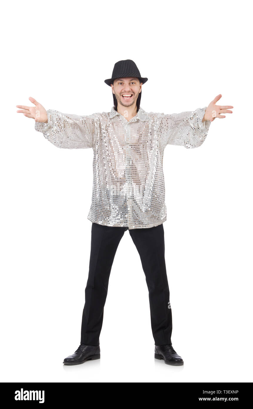 Performer in shiny costume isolated on white Stock Photo - Alamy