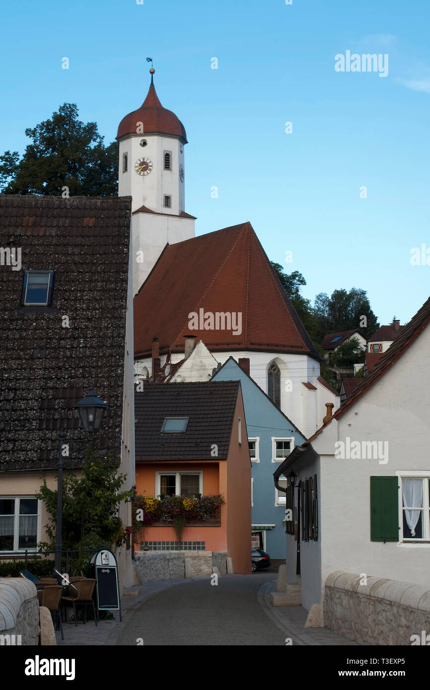Harburg Germany, street scene in village with church clock tower in ...