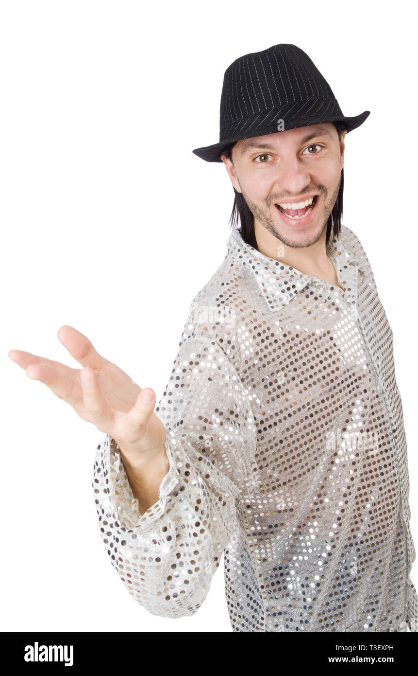 Performer in shiny costume isolated on white Stock Photo - Alamy