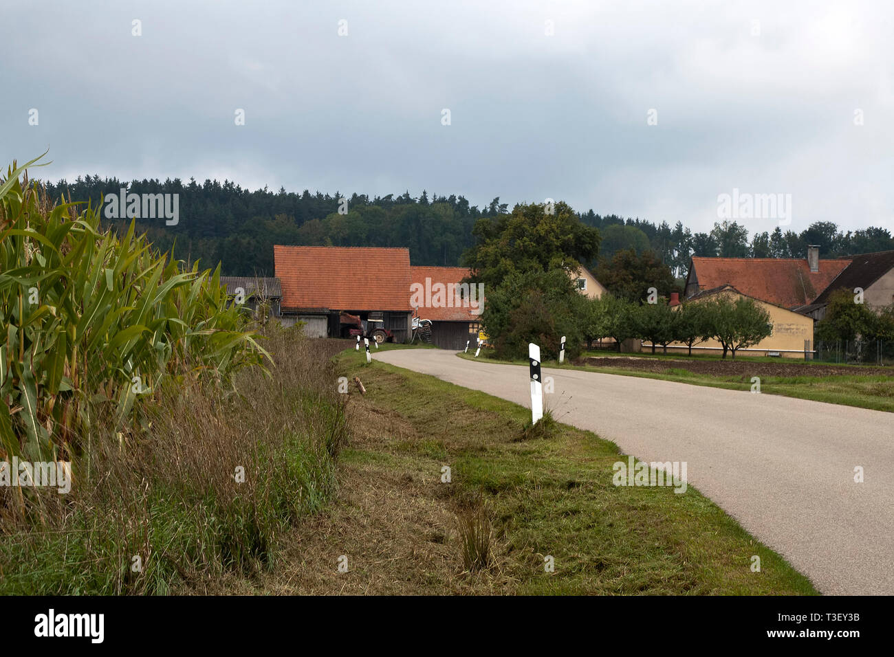 Bavarian countryside Germany, rural road with farming sheds and ...