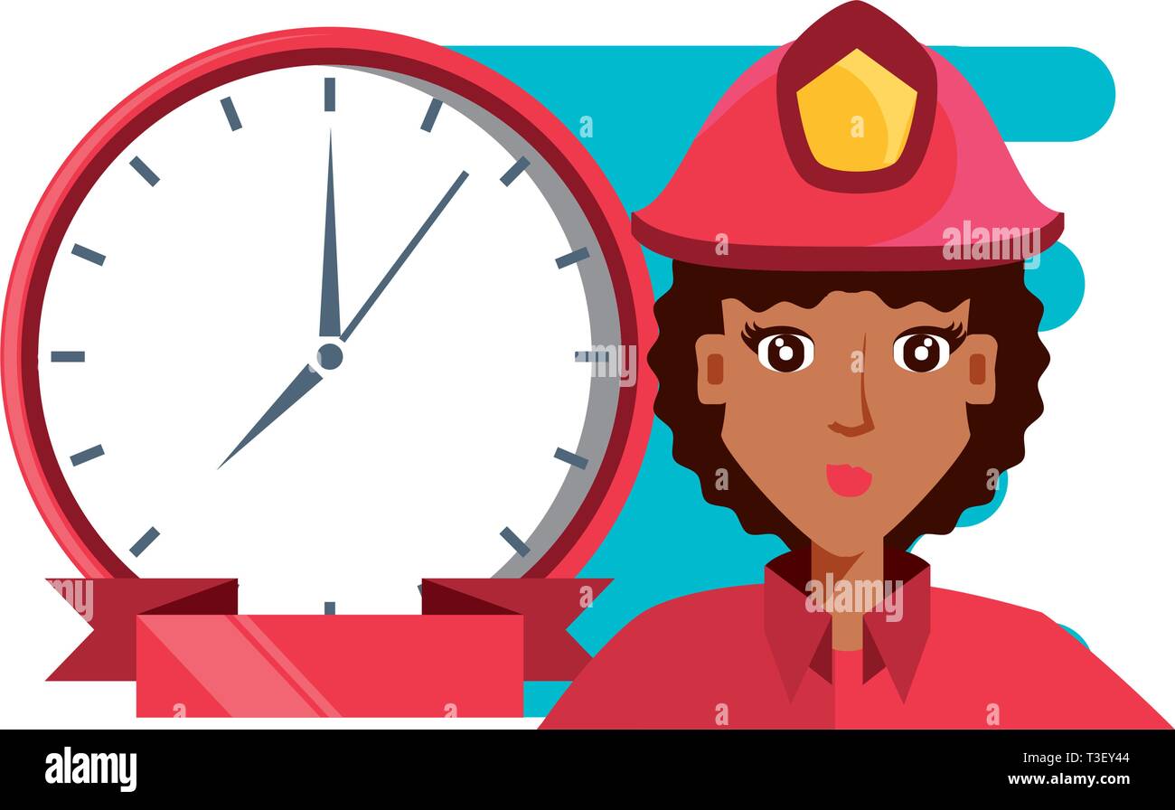 firefighter professional female with clock time vector illustration ...