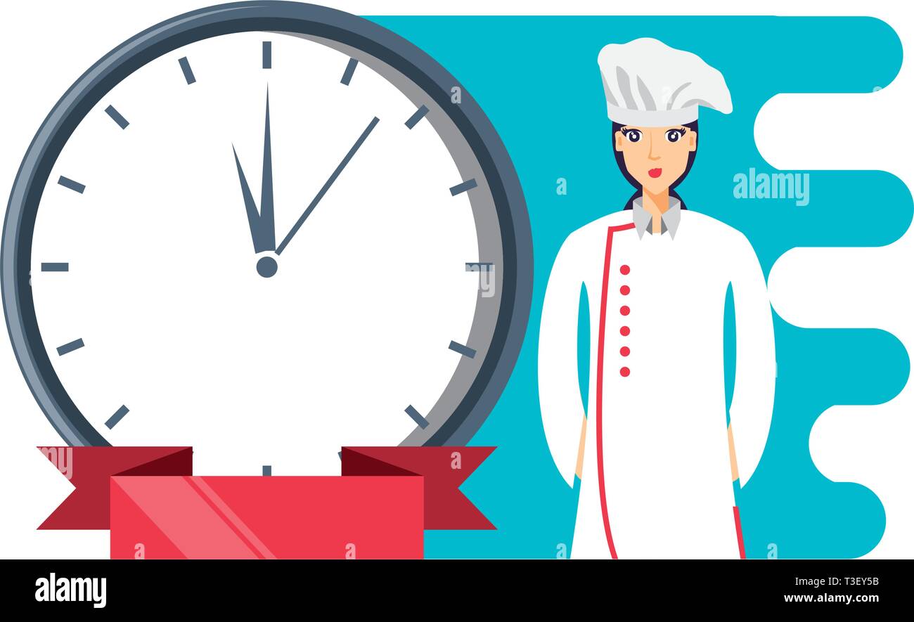 professional chef female with clock time vector illustration design ...