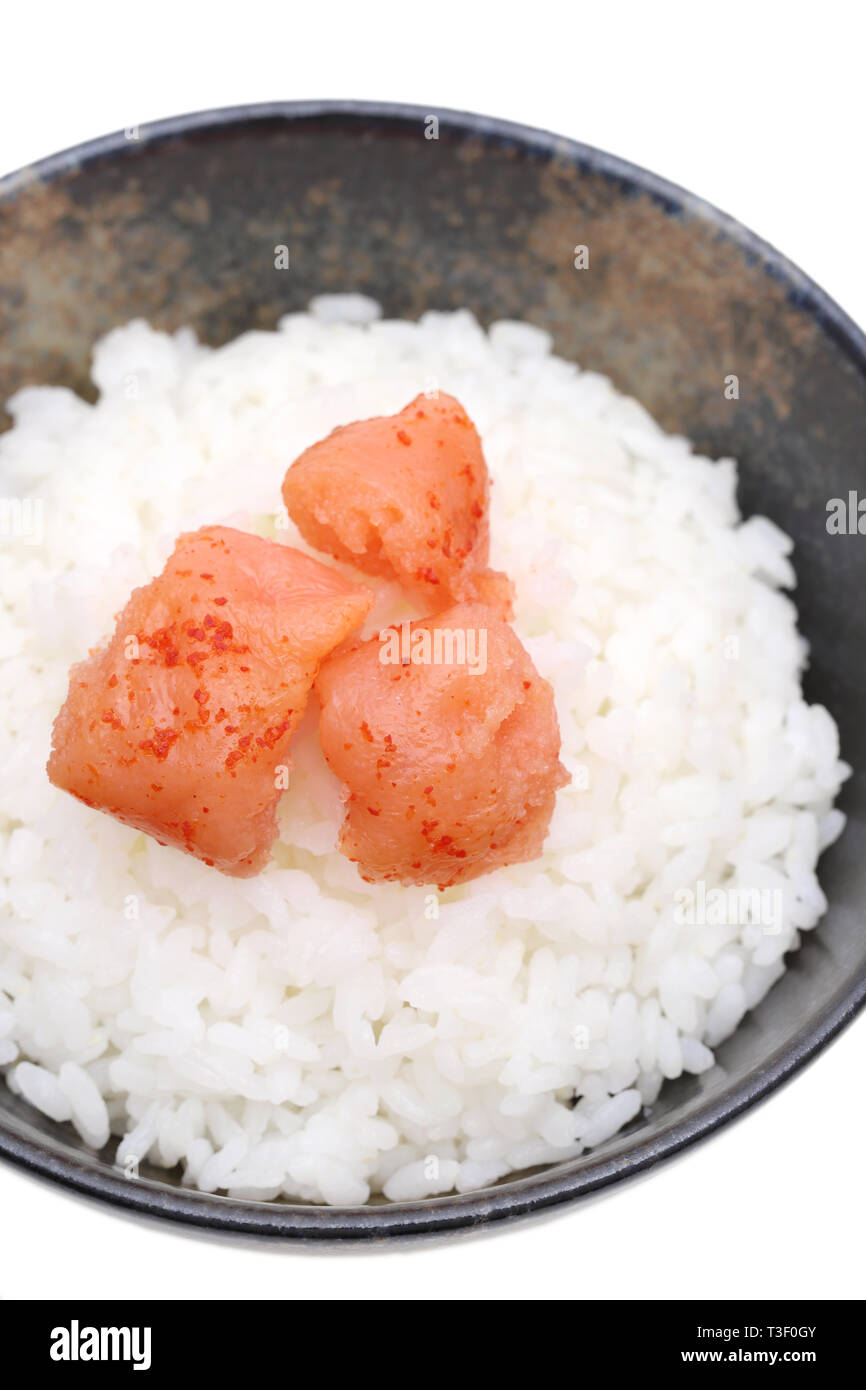 Japanese cooked white rice with karashi mentaiko on white background ...