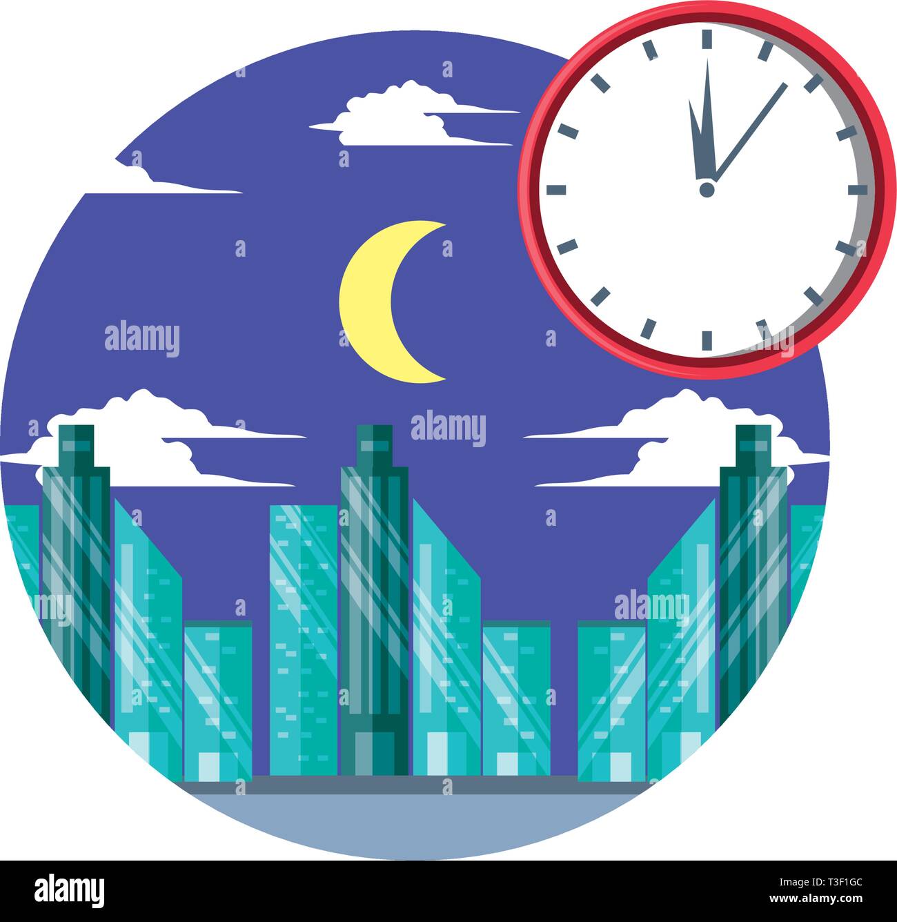 cityscape scene night with clock time vector illustration design Stock ...